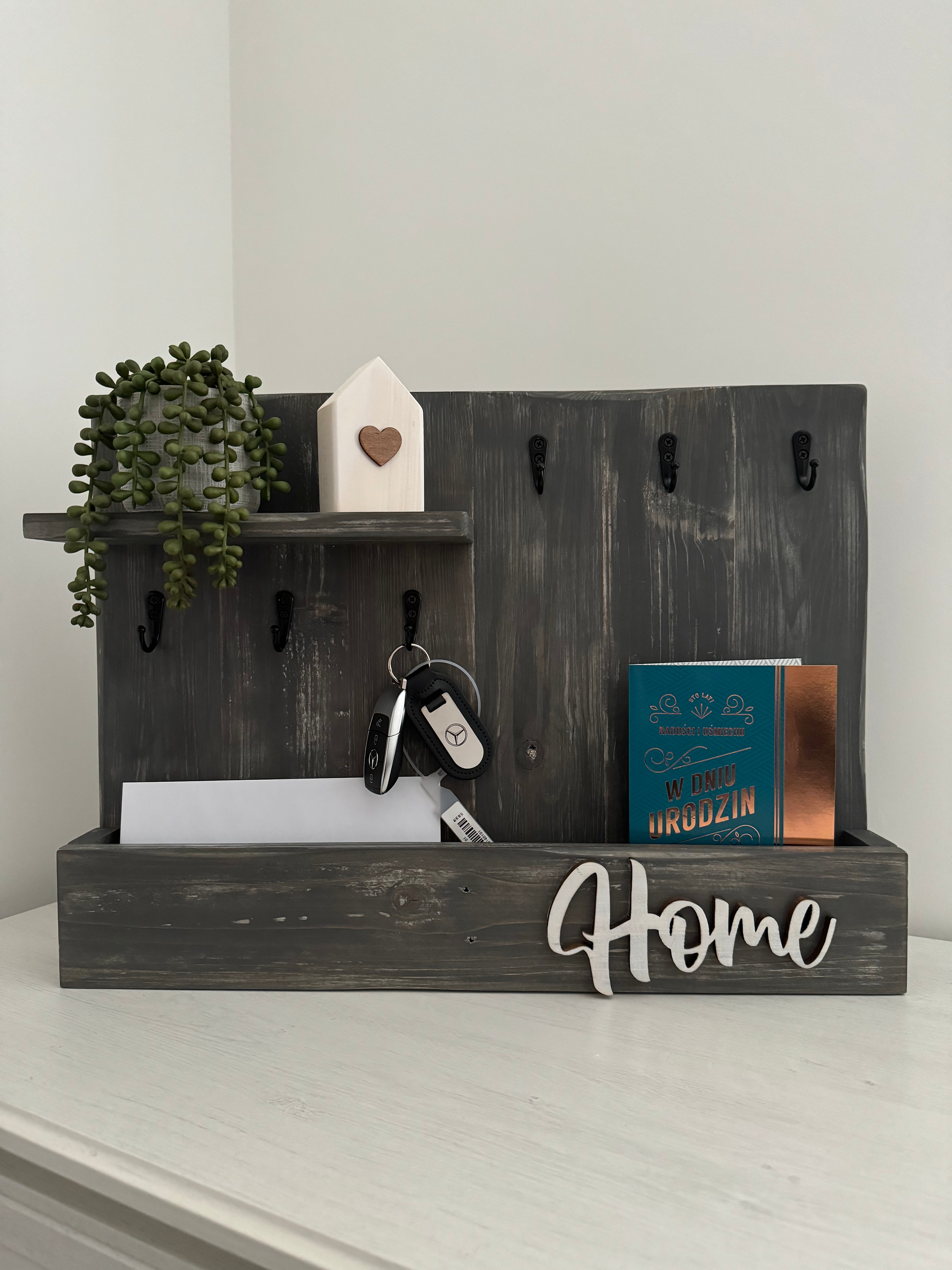 Rustic Wall Key Holder | 6 Hooks, Shelf, Post Tray & "Home" sign ...